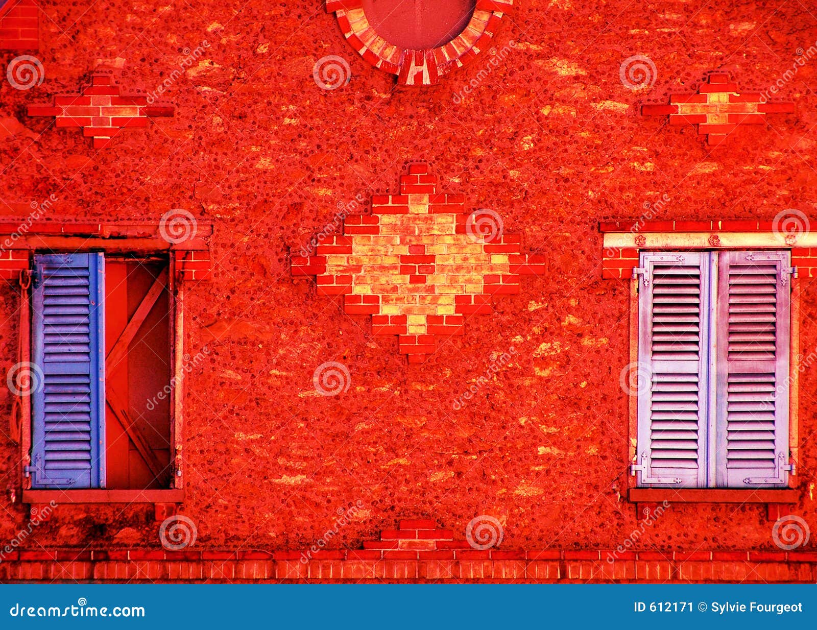 Red Wall and Colored Shutters Stock Image - Image of architecture ...