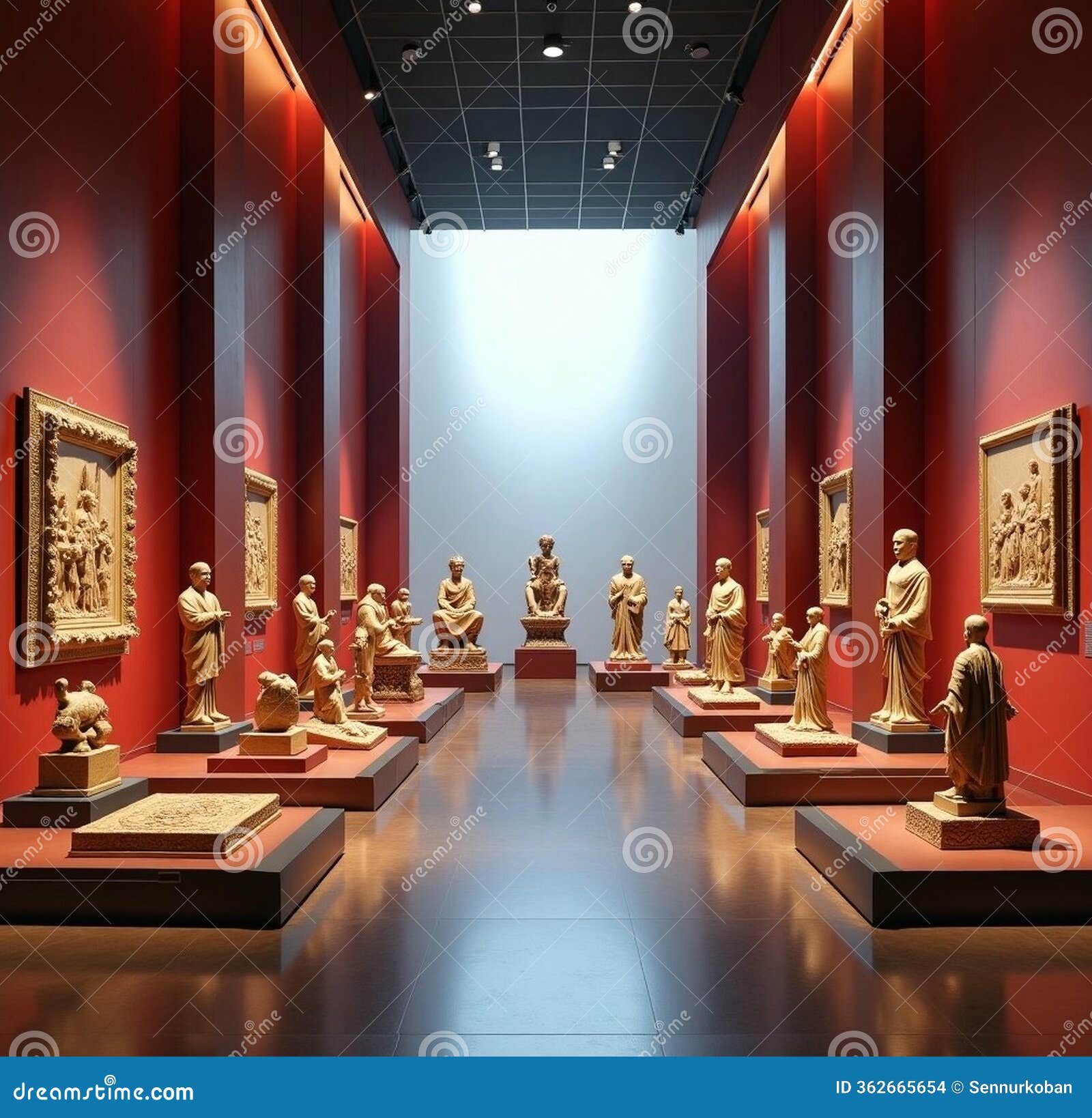 A Red-walled Museum Hall Displays an Array of Statues on Pedestals ...