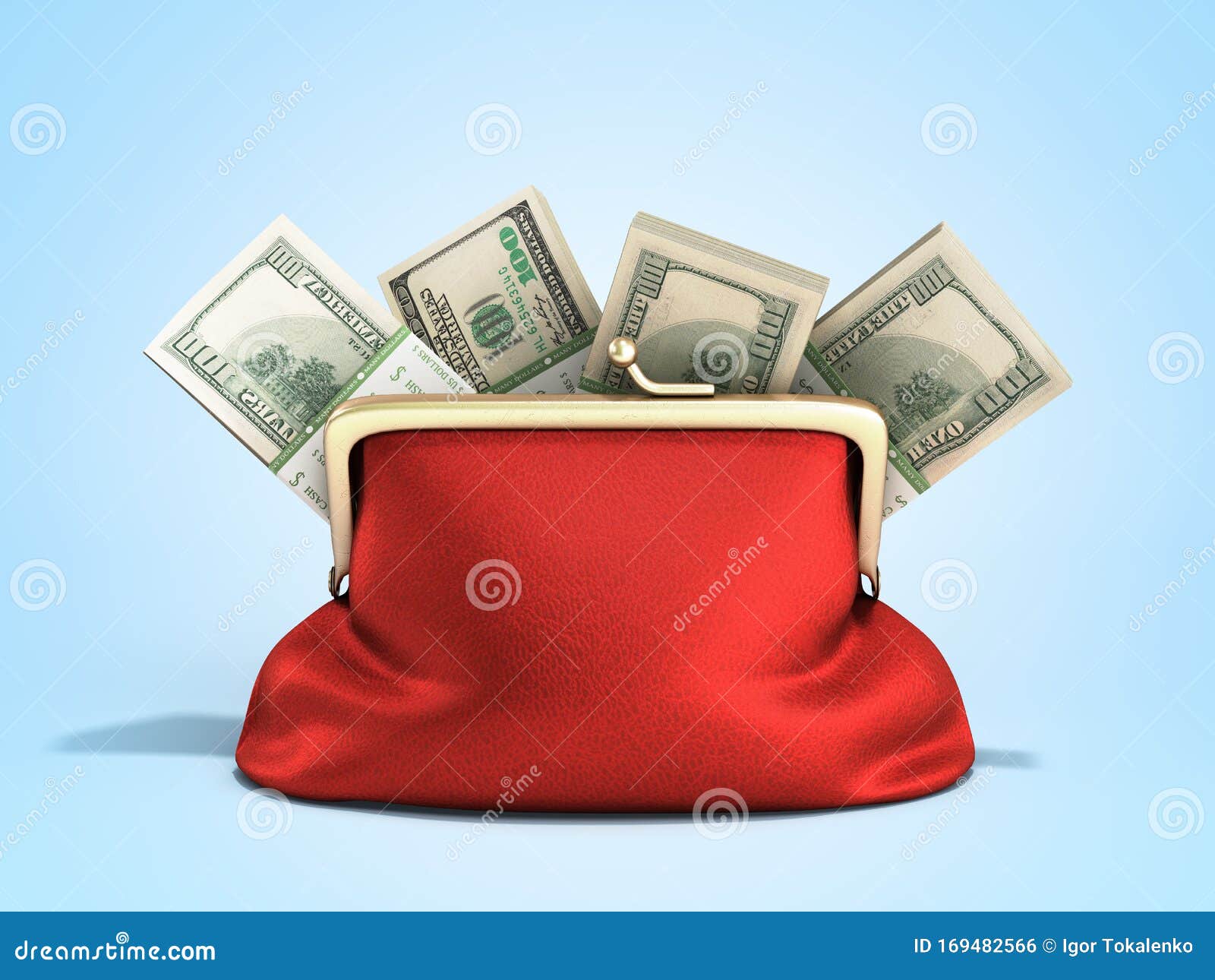 Red Wallet with Dollar Money Stacks 3d Render on Blue Gradient Stock ...