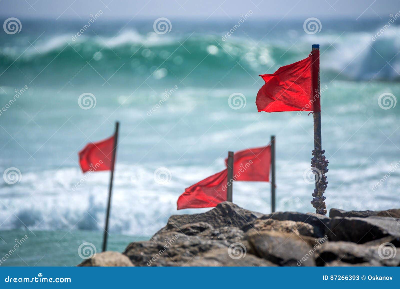 Red warning flag on beach stock image. Image of island - 87266393