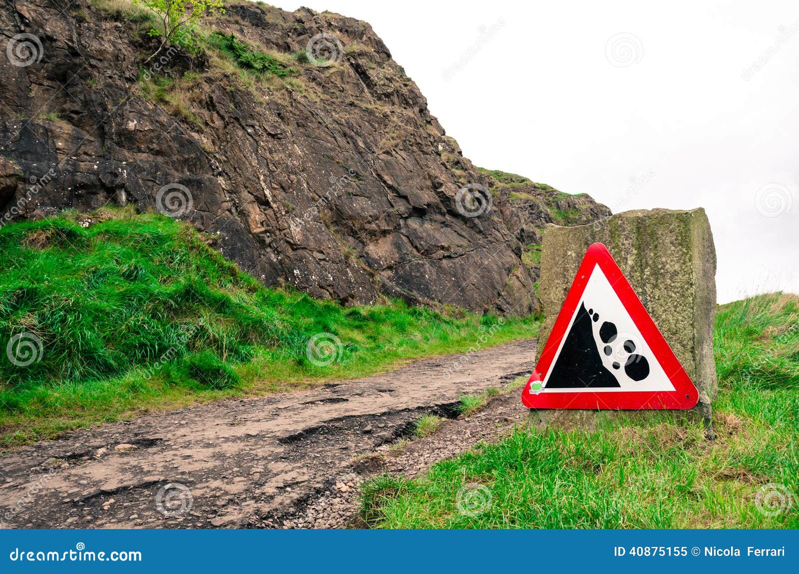 Red Warning Sign for Falling Rocks on a Hill Path in Edinburgh, Stock ...