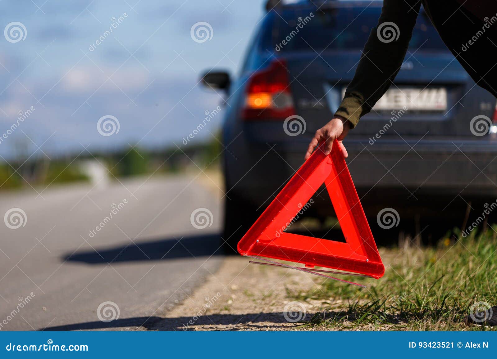 Red Warning Triangle Near Car Stock Image - Image of asphalt, fuel ...