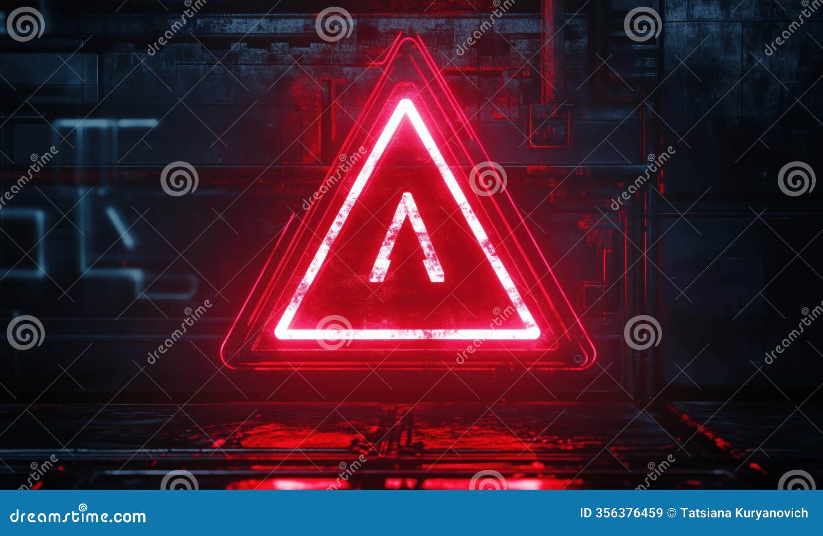 Red Warning Triangle Neon Sign, Glowing in Dark Industrial Environment ...