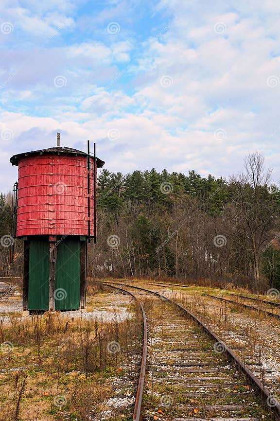 The Red Water Tower and the Rails Stock Image - Image of forest, travel ...