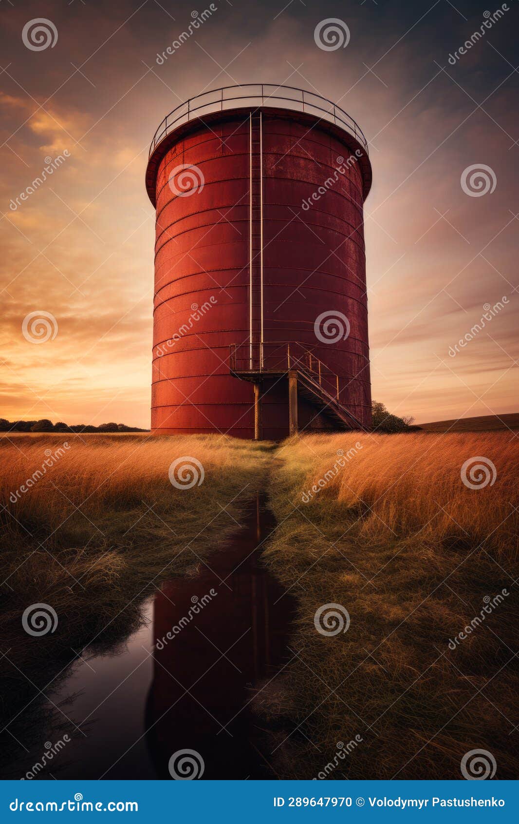 Red Water Tower Sitting in Field of Tall Grass. Generative AI Stock ...