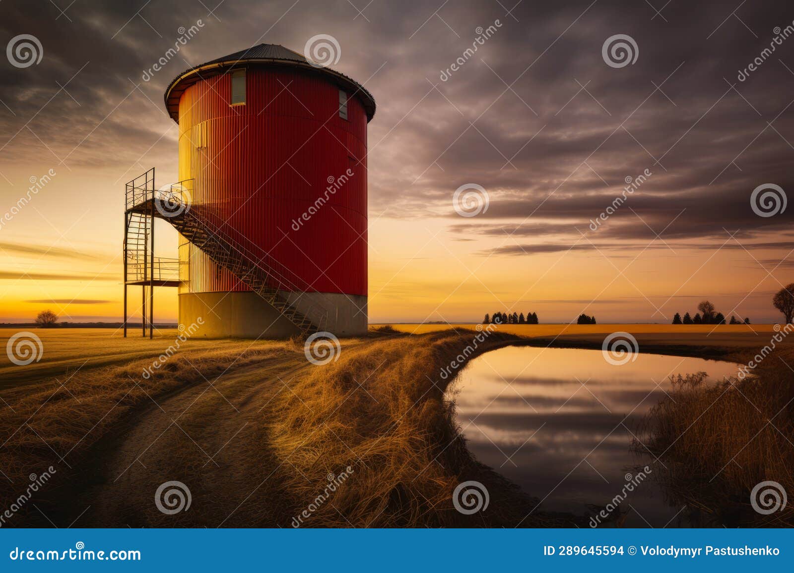 Red Water Tower Sitting on Top of Dry Grass Field. Generative AI Stock ...