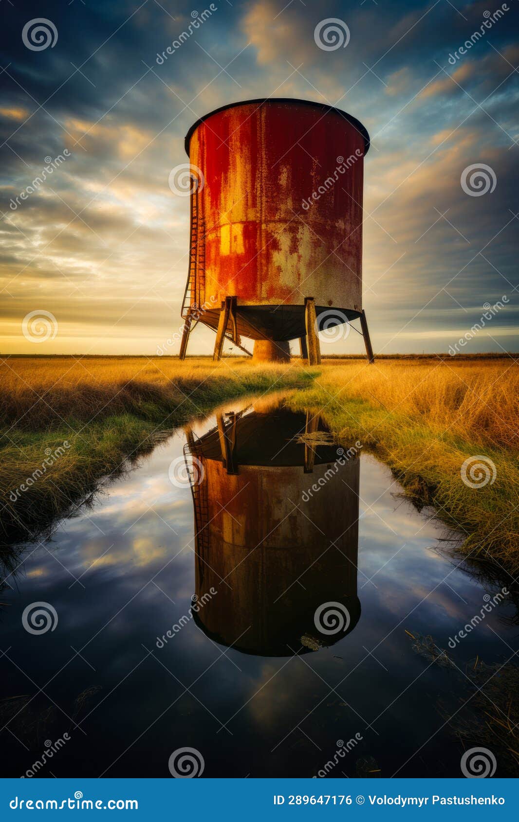 Red Water Tower Sitting on Top of Grass Covered Field. Generative AI ...