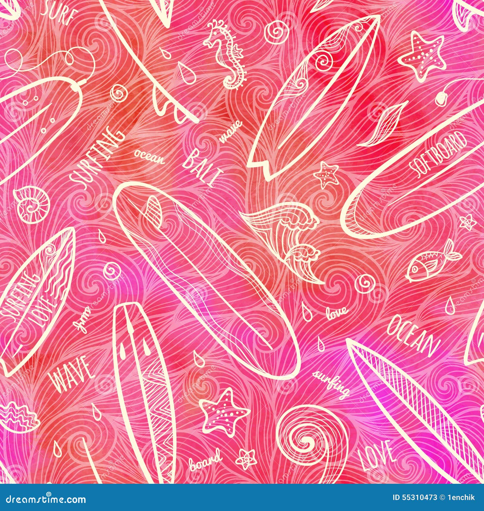 Red Watercolor Doodle Surfing Boards Seamless Stock Vector ...