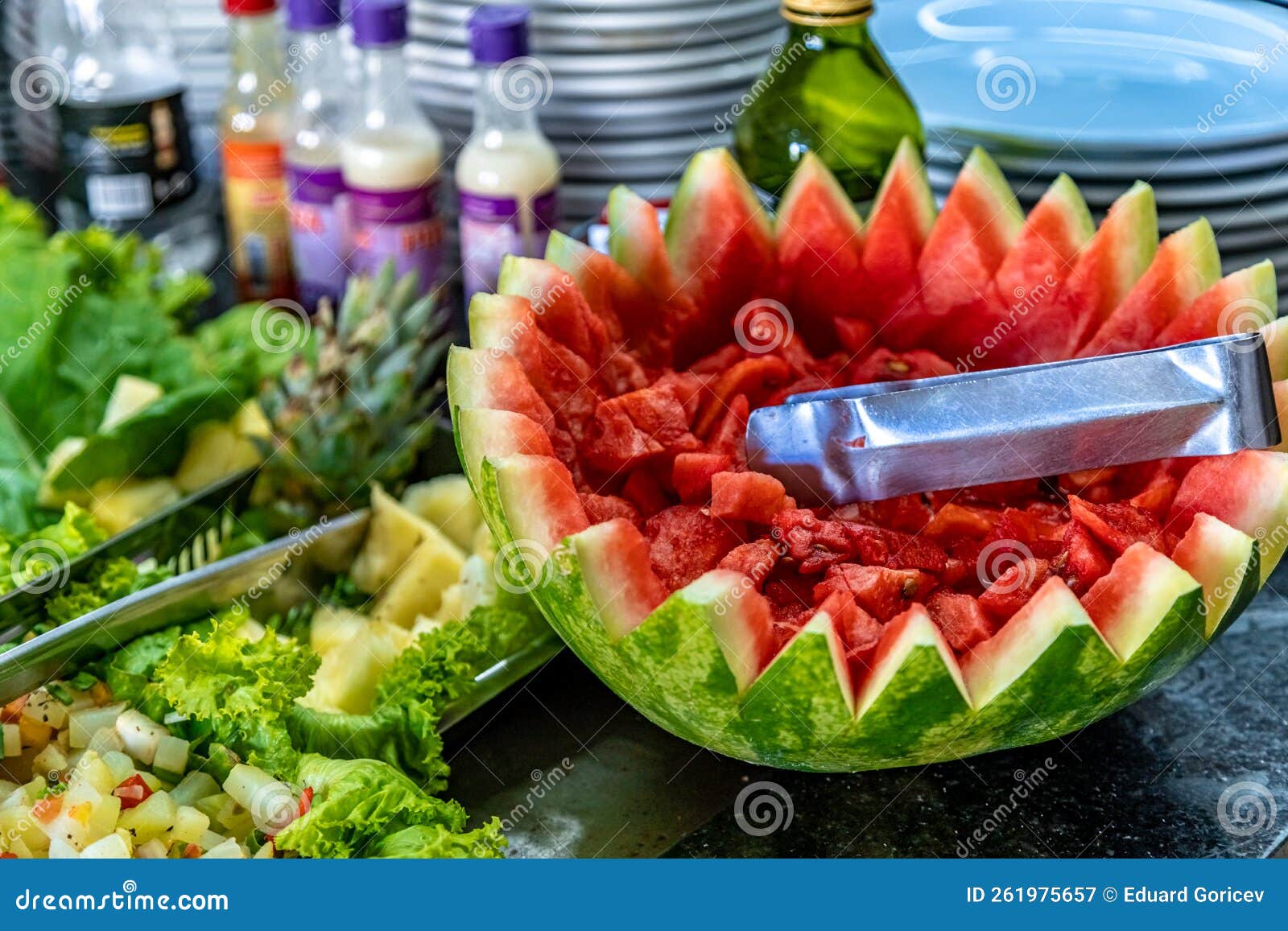Red Watermelon and Fruit Salads on the Buffet Table Stock Image - Image ...