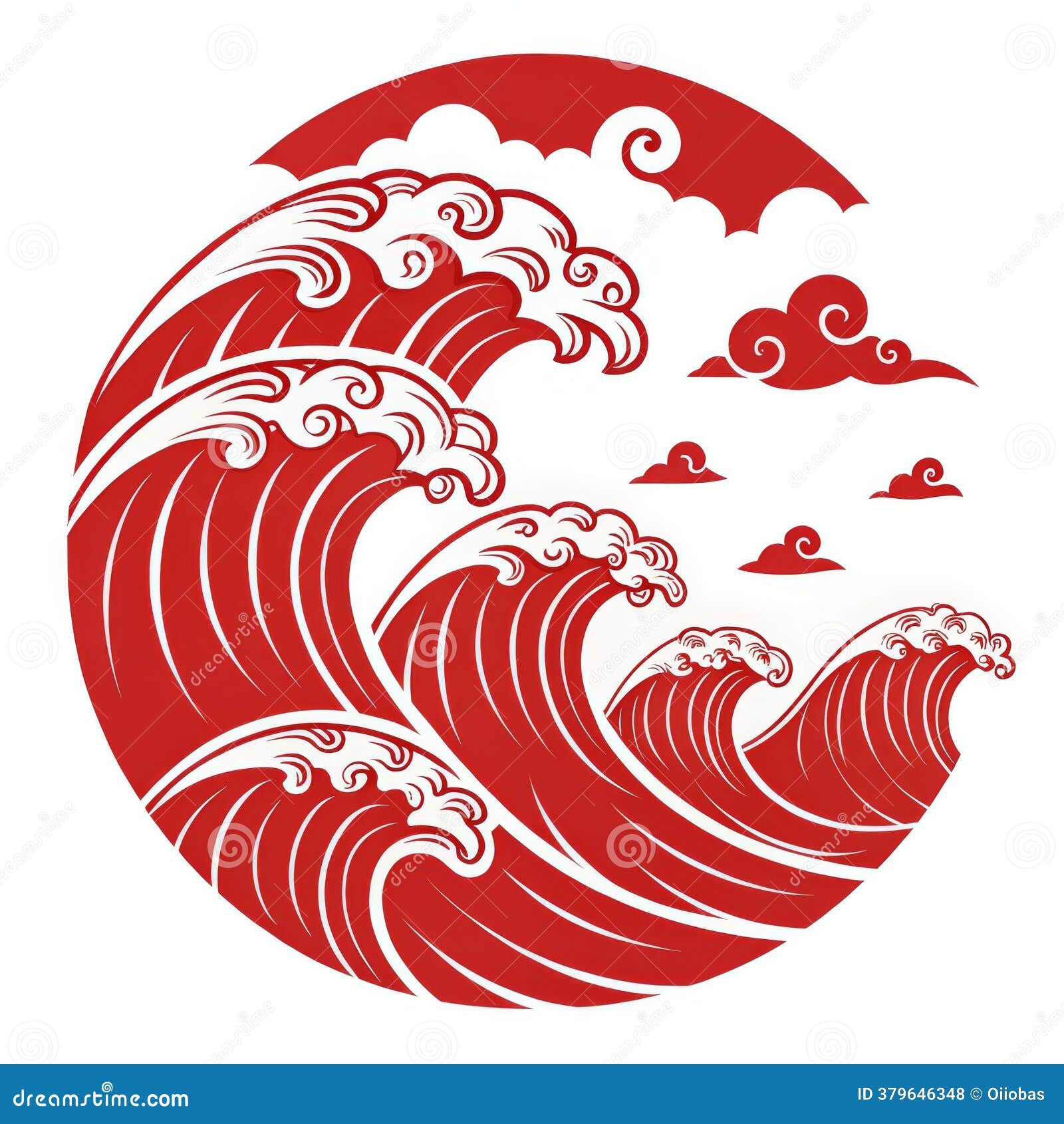 Japanese Ocean Wave Icons And Fish Illustrations. Cartoon Vector ...