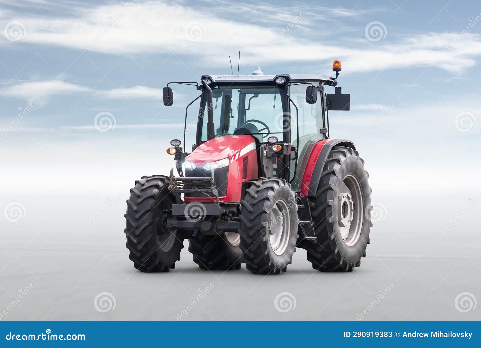 Red Wheeled Tractor Isolated on Bright Background with Sky Stock Image ...
