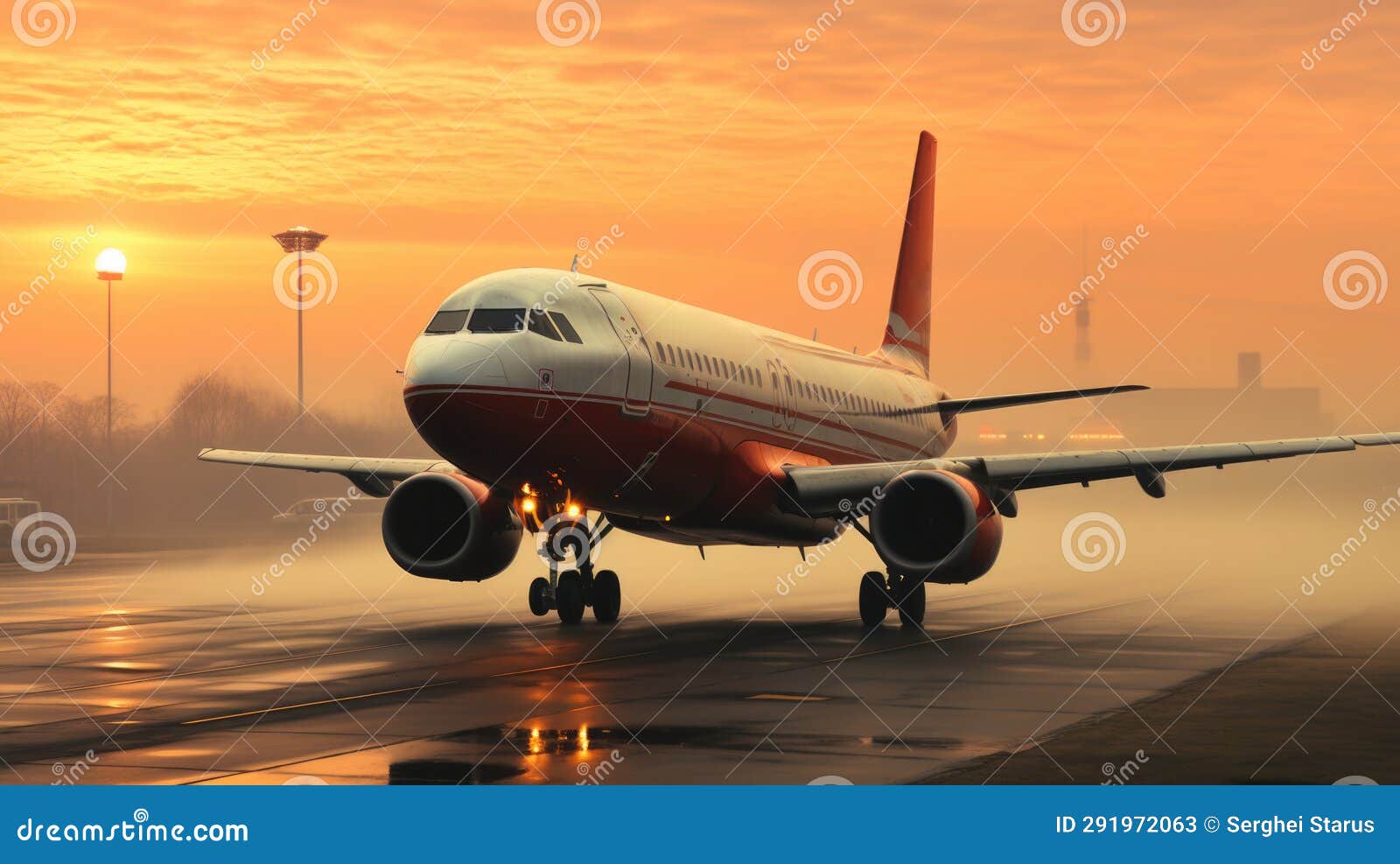 A Red and White Airplane on a Runway. AI. Stock Image - Image of ...