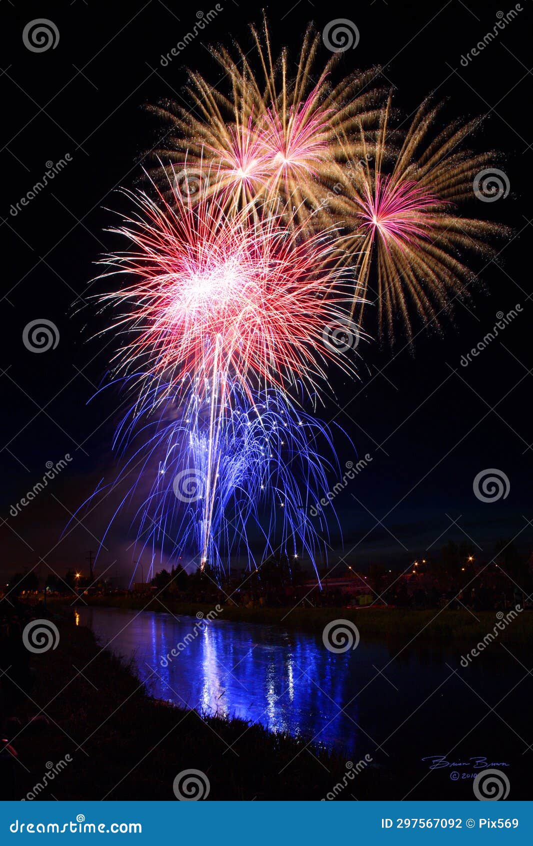 Aerial Fireworks Exploding Over a River. Stock Photo - Image of effect ...