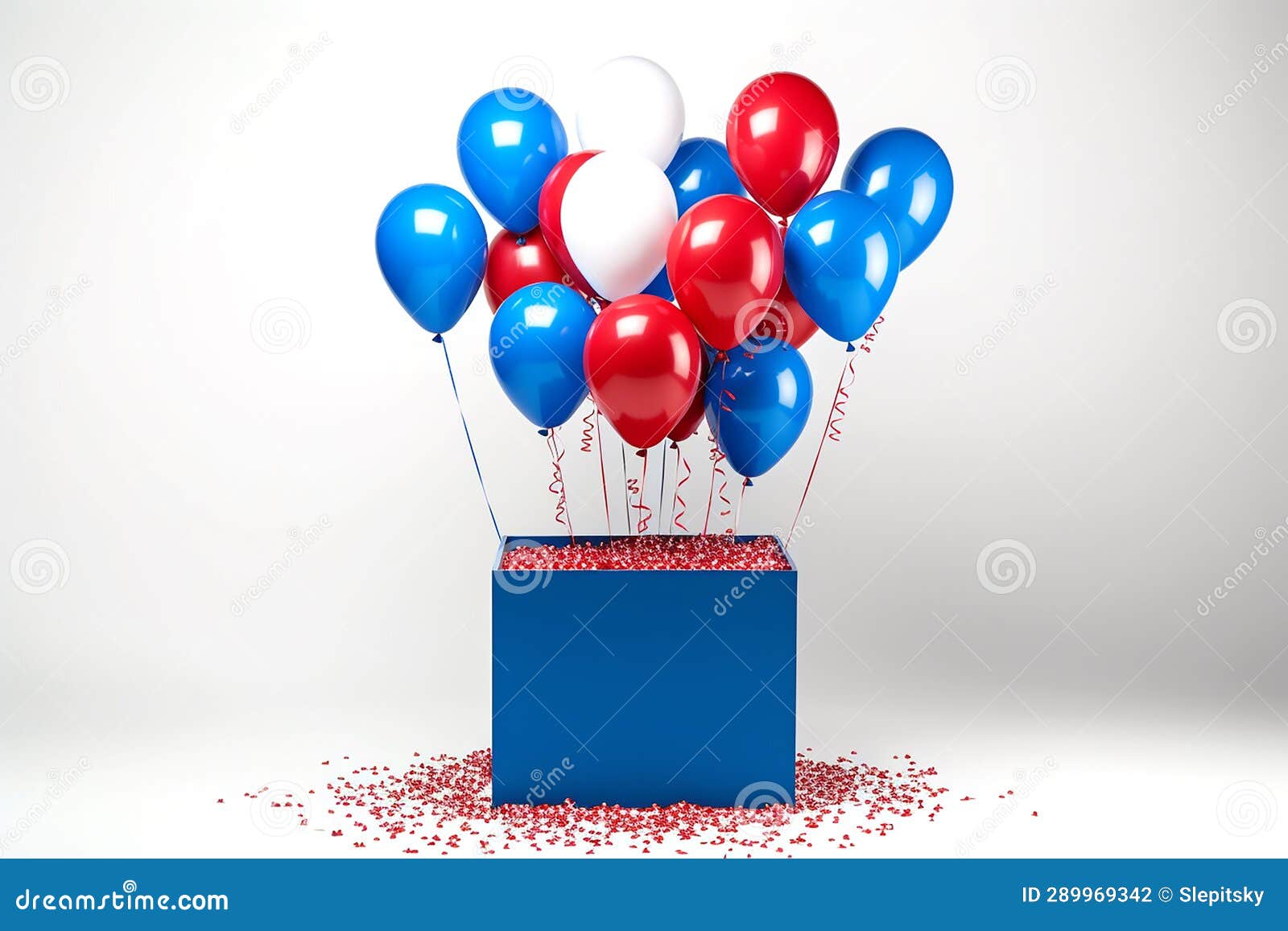 Red, White and Blue Balloons Fly Out of the Box Stock Photo - Image of ...