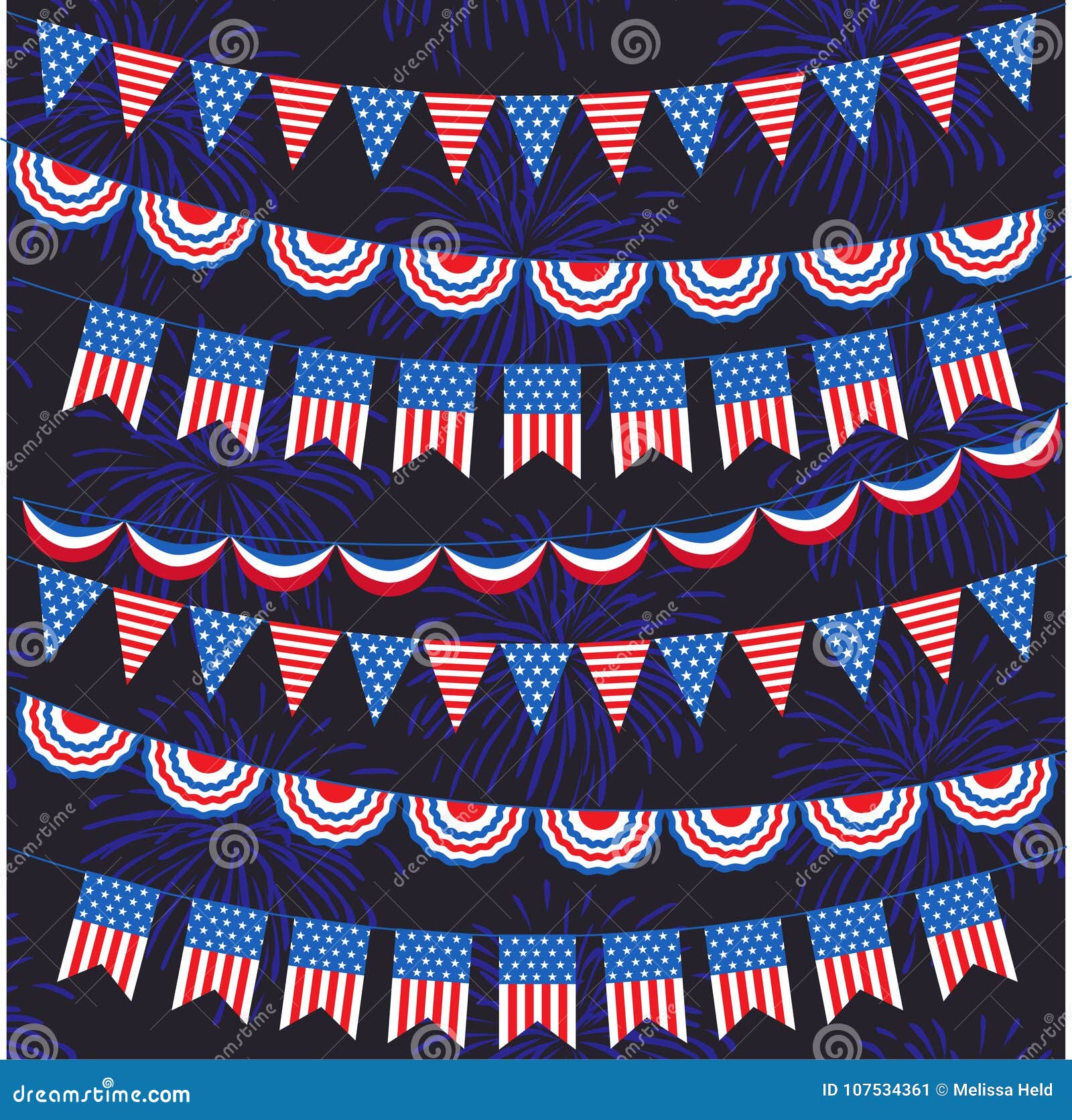 Red White Blue Bunting and Fireworks Pattern Stock Vector ...