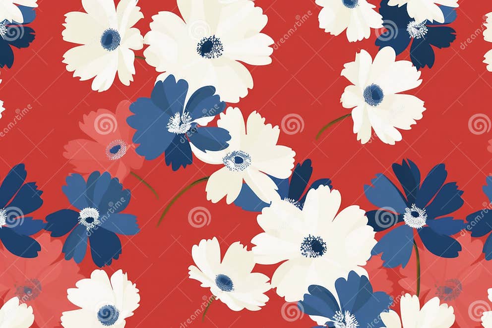 Red, White and Blue Retro Daisy Flowers Pattern, Seamless Repeating ...
