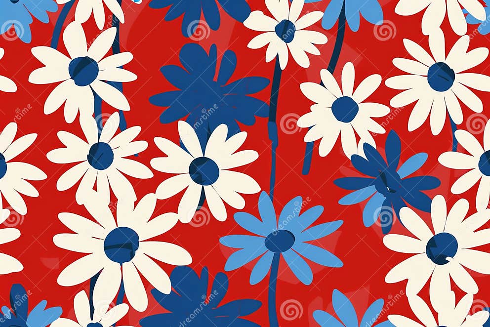 Red, White and Blue Retro Daisy Flowers Pattern, Seamless Repeating ...