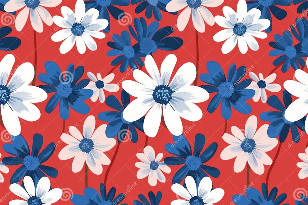 Red, White and Blue Retro Daisy Flowers Pattern, Seamless Repeating ...
