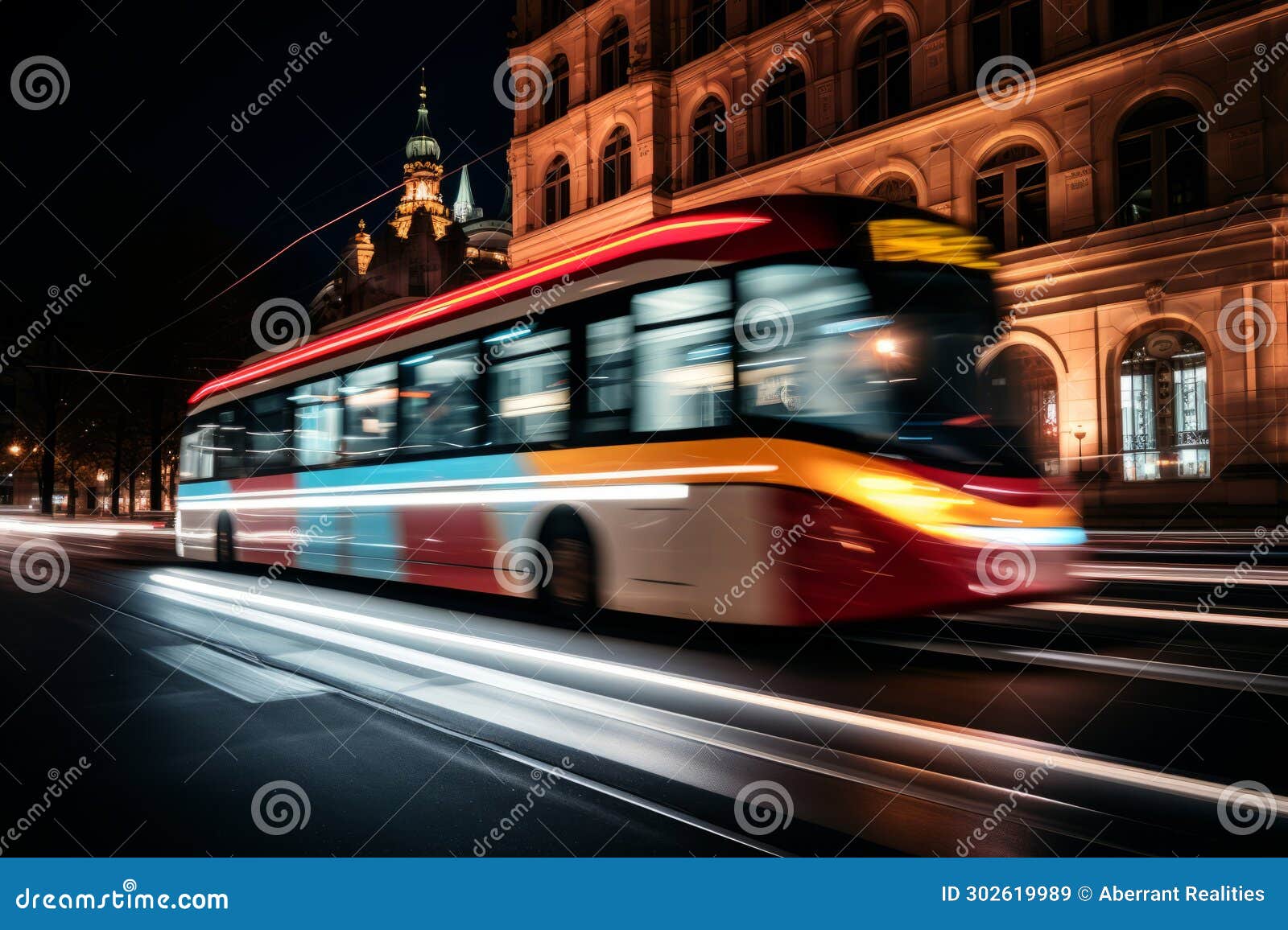 A Red and White Bus Driving Down a Street at Night Stock Illustration ...