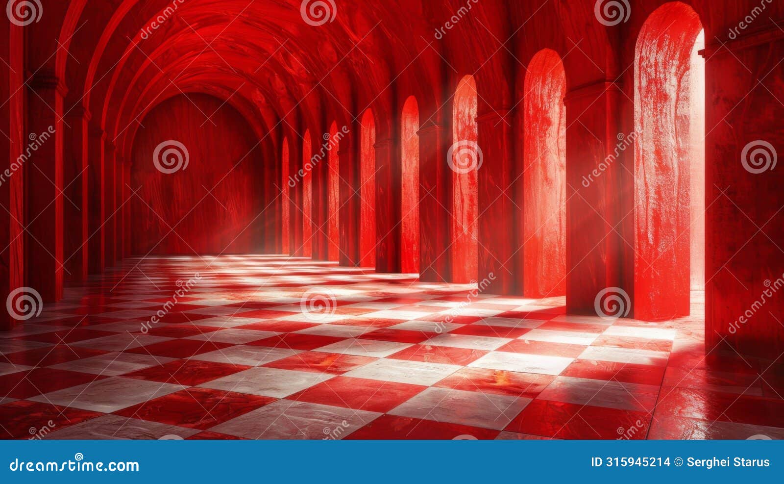 A Red and White Checkered Floor in a Long Hallway, AI Stock Photo ...