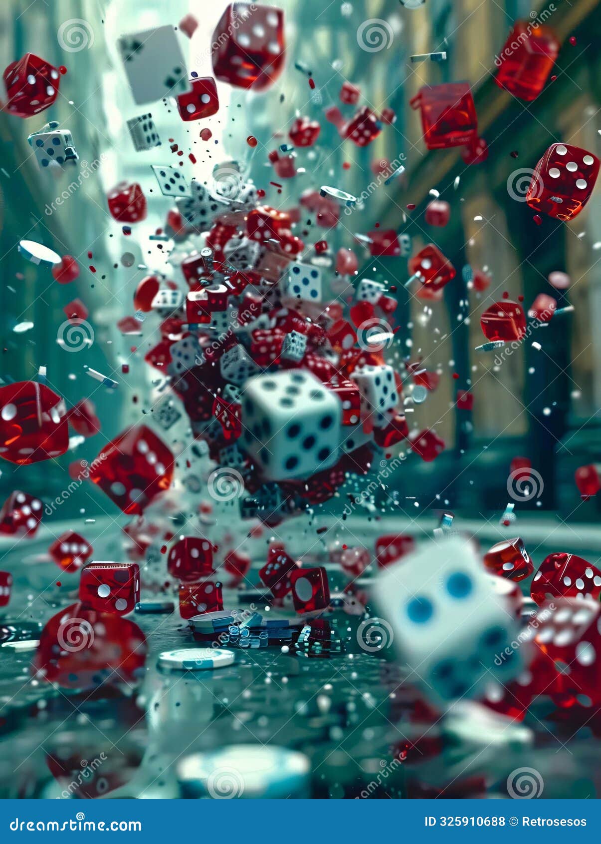 Red and White Dice Exploding Over Casino Table Stock Photo - Image of ...