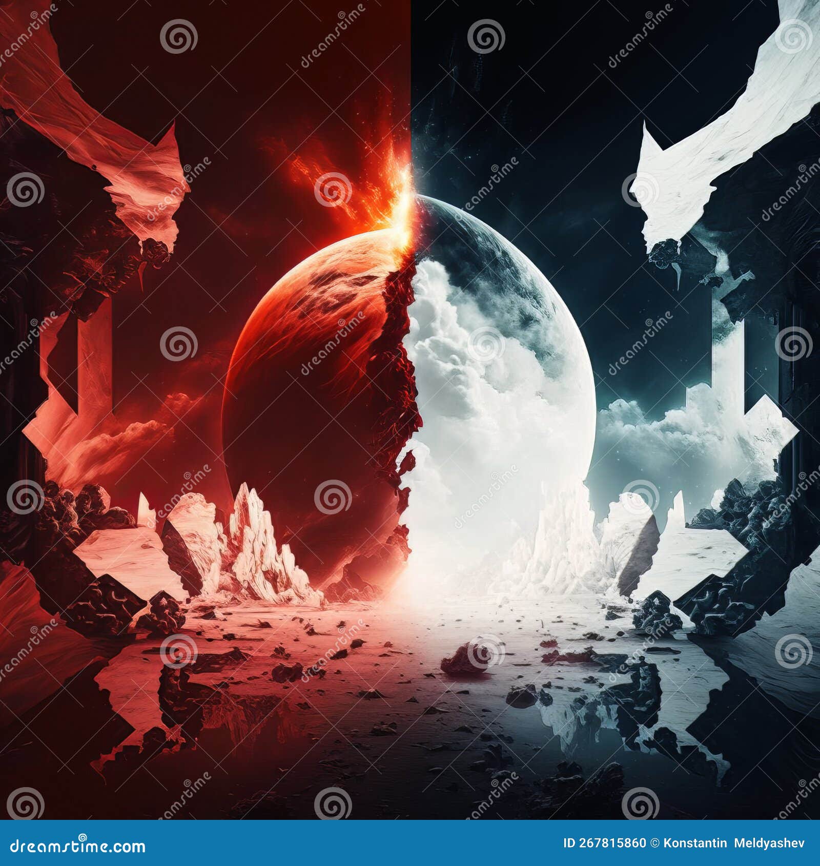 A Red and White Fantasy Landscape Where Two Different Dimensions ...