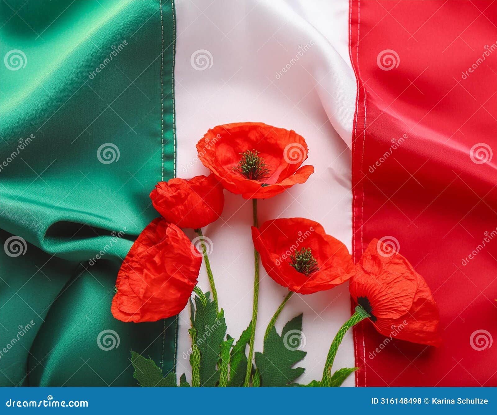 A Red and White Flag with a Green Border and a Bunch of Red Flowers on ...