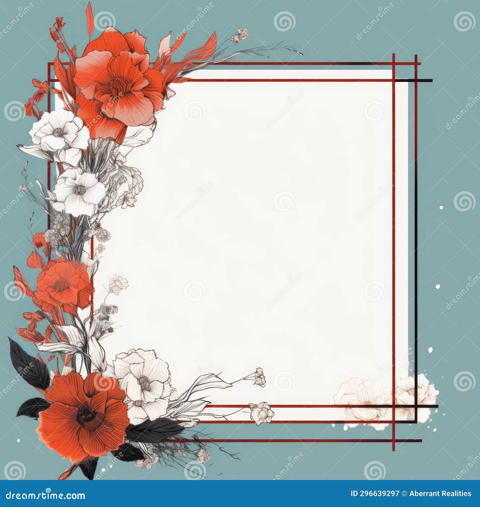 Red and White Flowers in a Square Frame on a Blue Background Stock ...