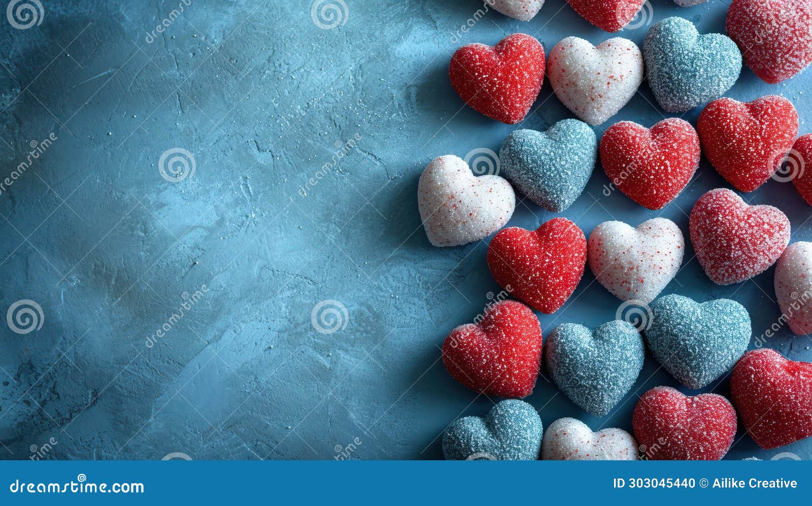 Red and White Heart-shaped Candies on a Blue Background Stock ...