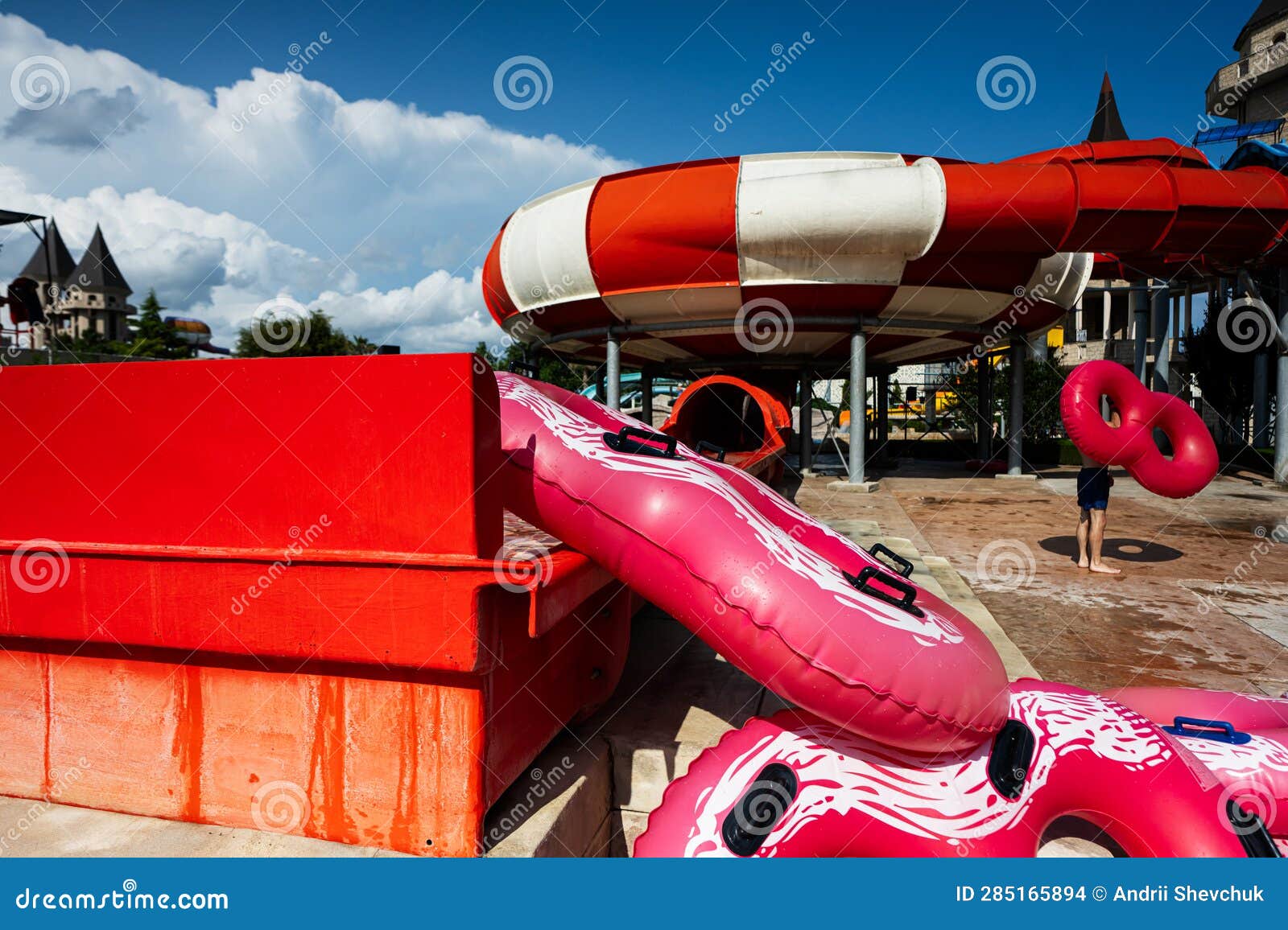 Red and White Inflatable Slides for Children on the Aqua Park Stock ...