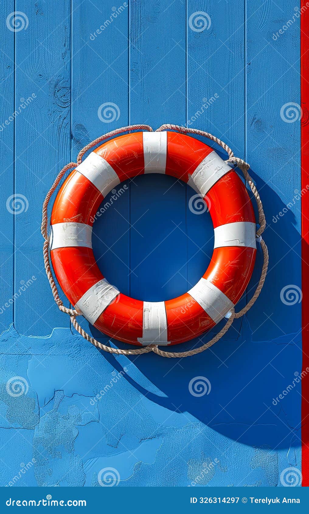 A Red and White Life Preserver is Hanging on a Blue Wall. the Life ...