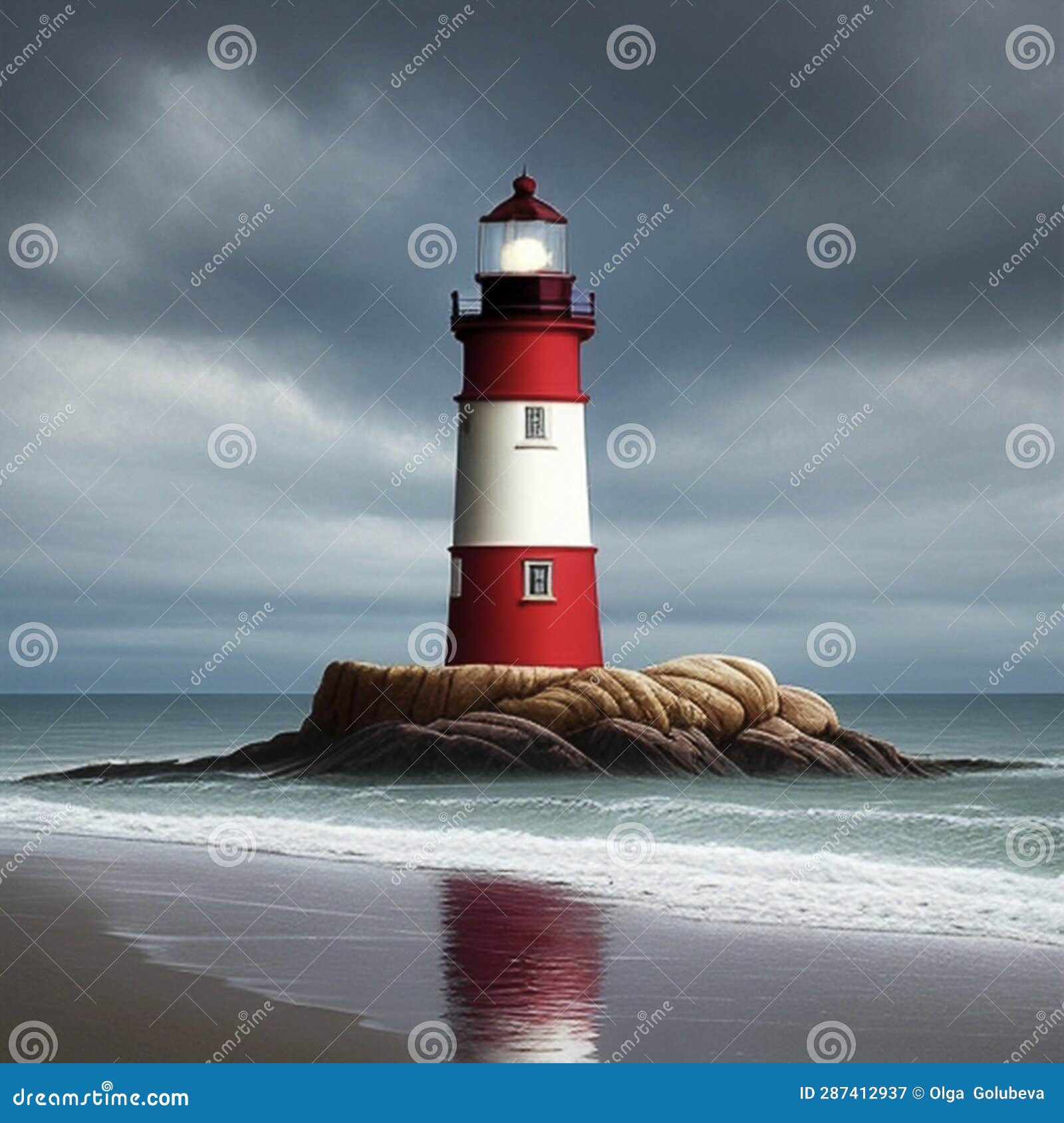 Red and White Lighthouse in the Sea Stock Illustration - Illustration ...