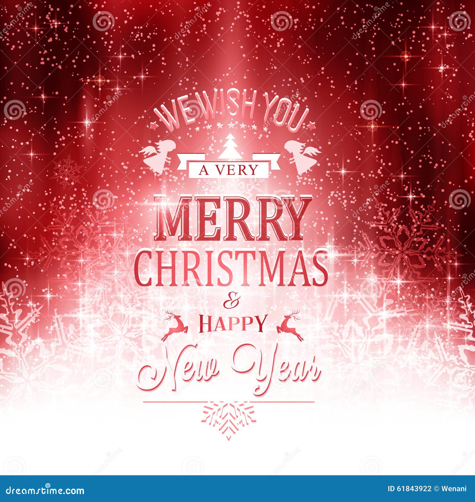 Red White Merry Christmas Typography Card With Lights And Snowflakes