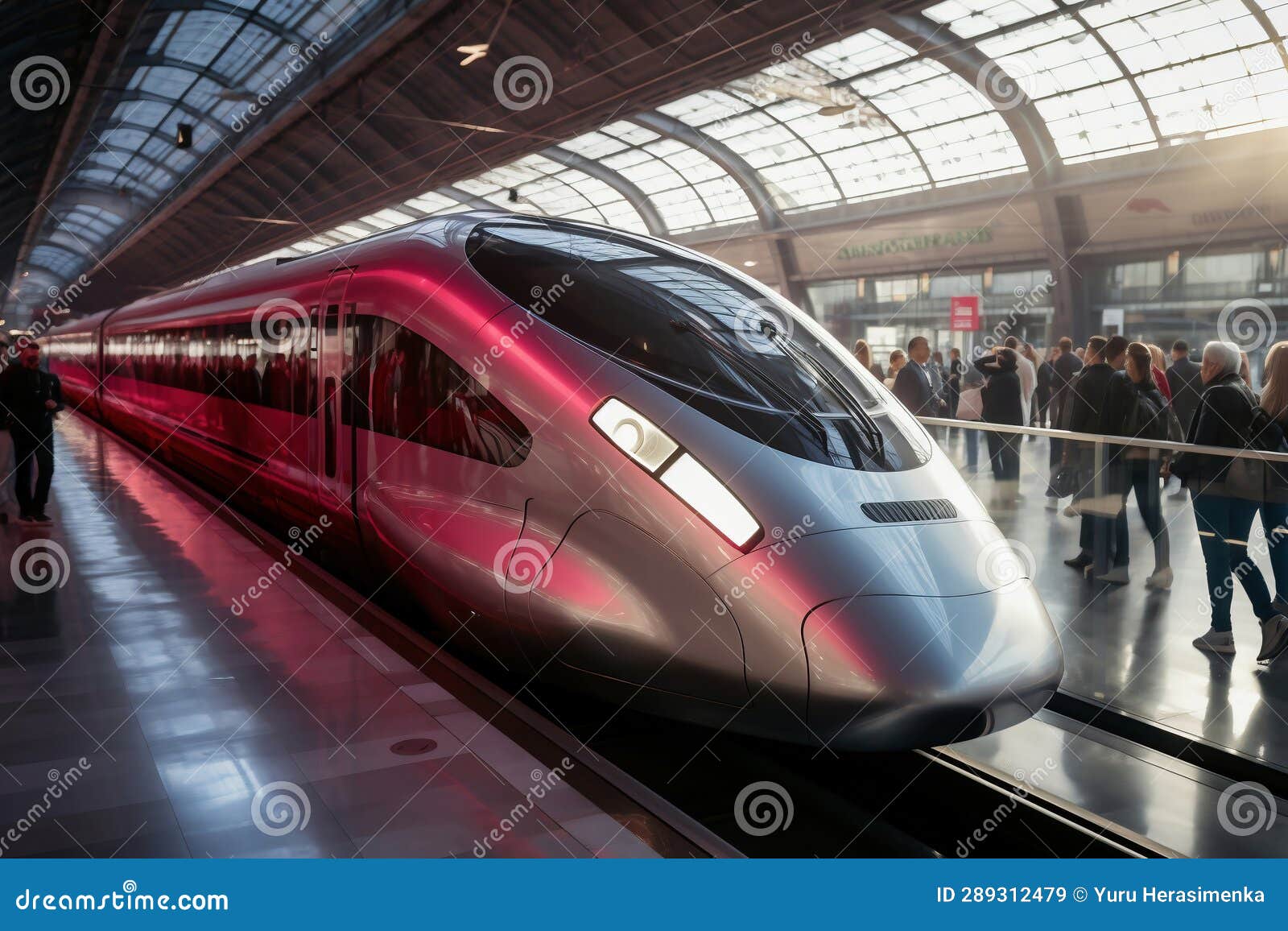 Red and White Modern High-speed Train on a Railway Platform. Boarding ...