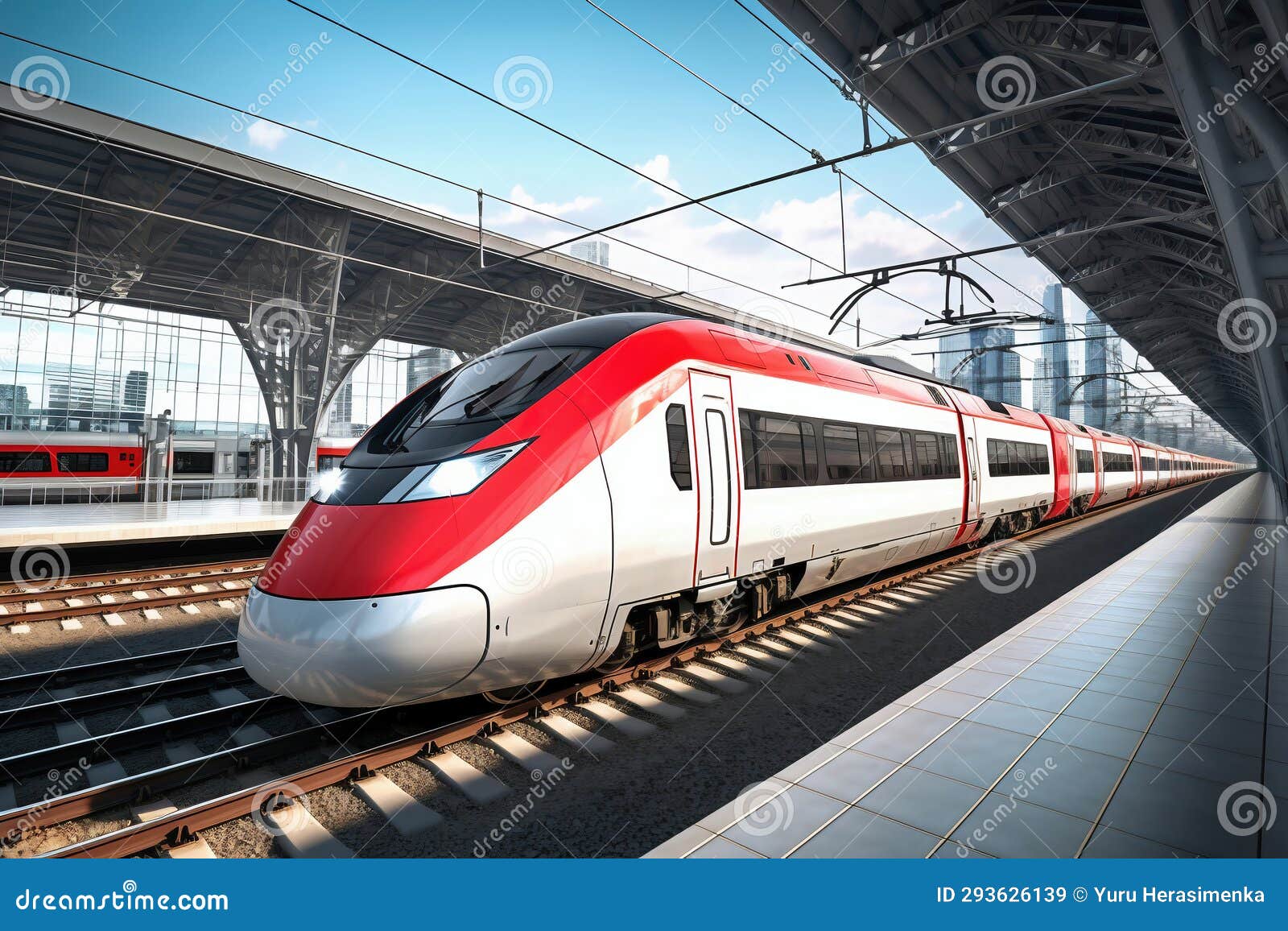 Red and White Modern High-speed Train on a Railway Platform. Boarding ...