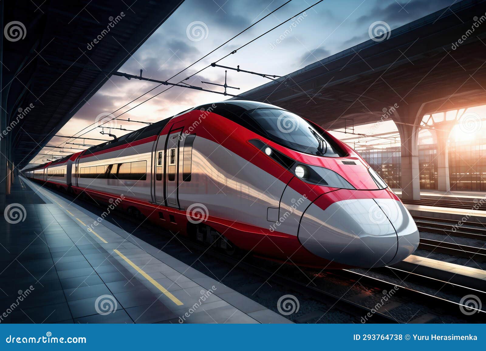 Red and White Modern High-speed Train on a Railway Platform. Boarding ...