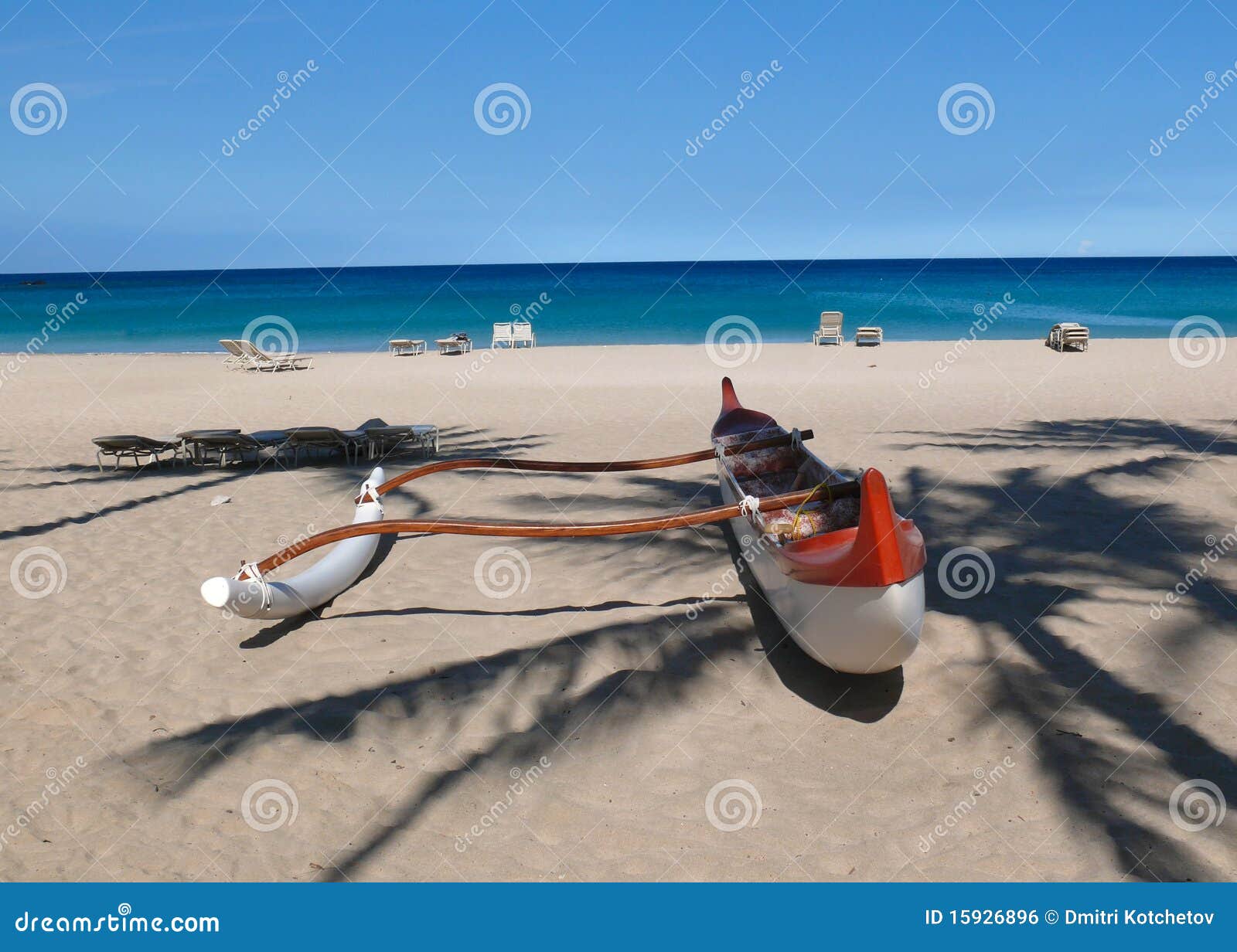 Red and White Outrigger on a Hawaiian Beach Stock Photo - Image of ...