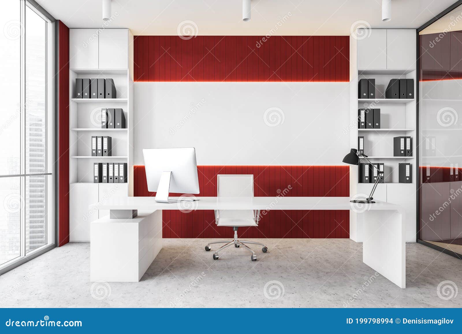 Red and White Panoramic CEO Office Interior Stock Illustration ...