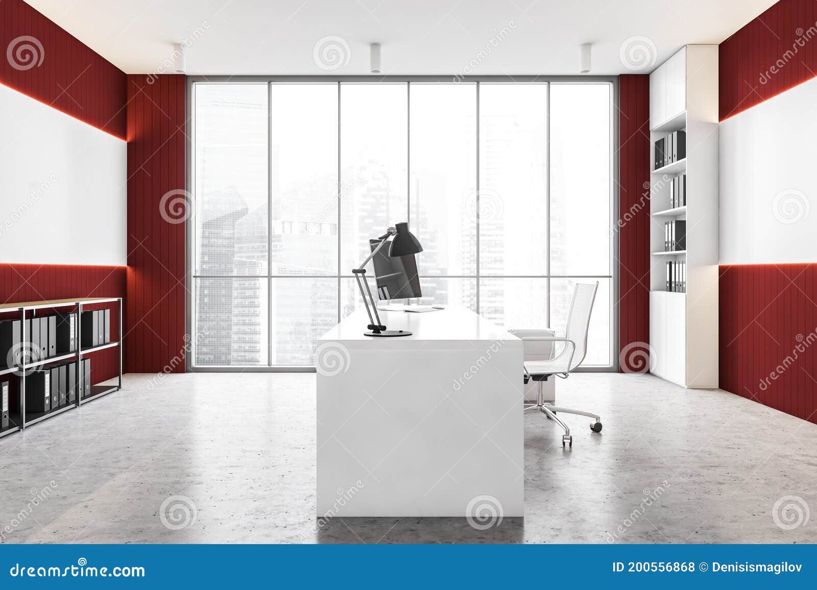 Red and White Panoramic CEO Office, Side View Stock Photo - Image of ...