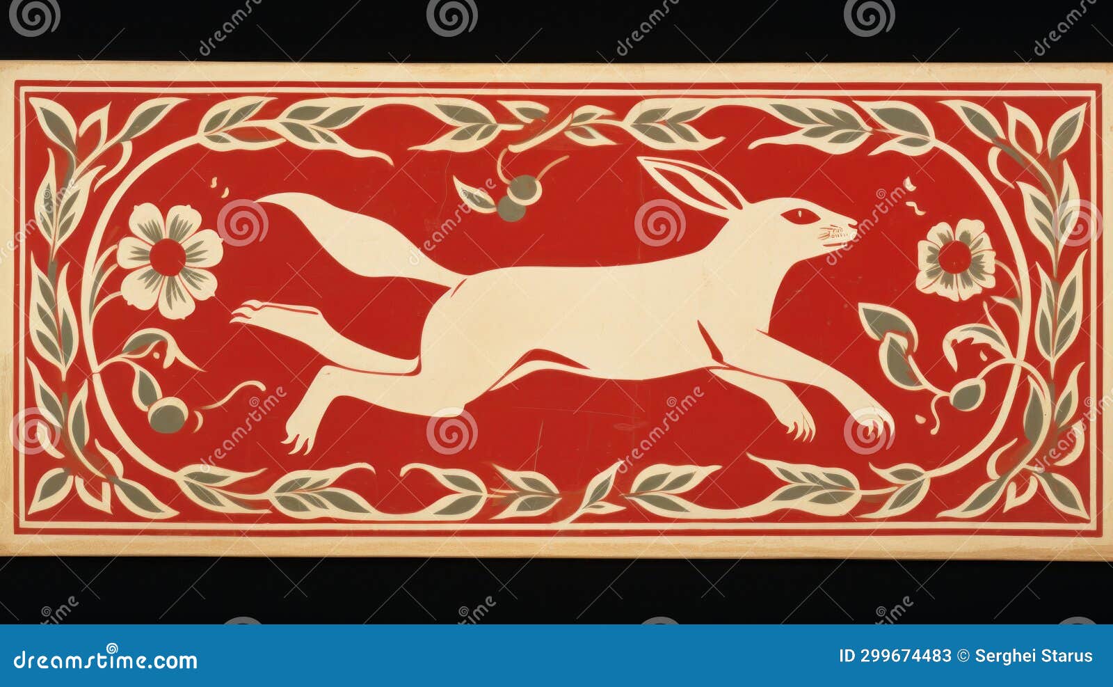 A Red and White Pattern with a Rabbit Running through it, AI Stock ...