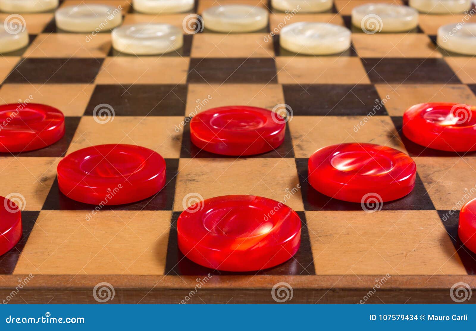 Red and White Pieces on a Checkerboard Stock Photo - Image of grain ...