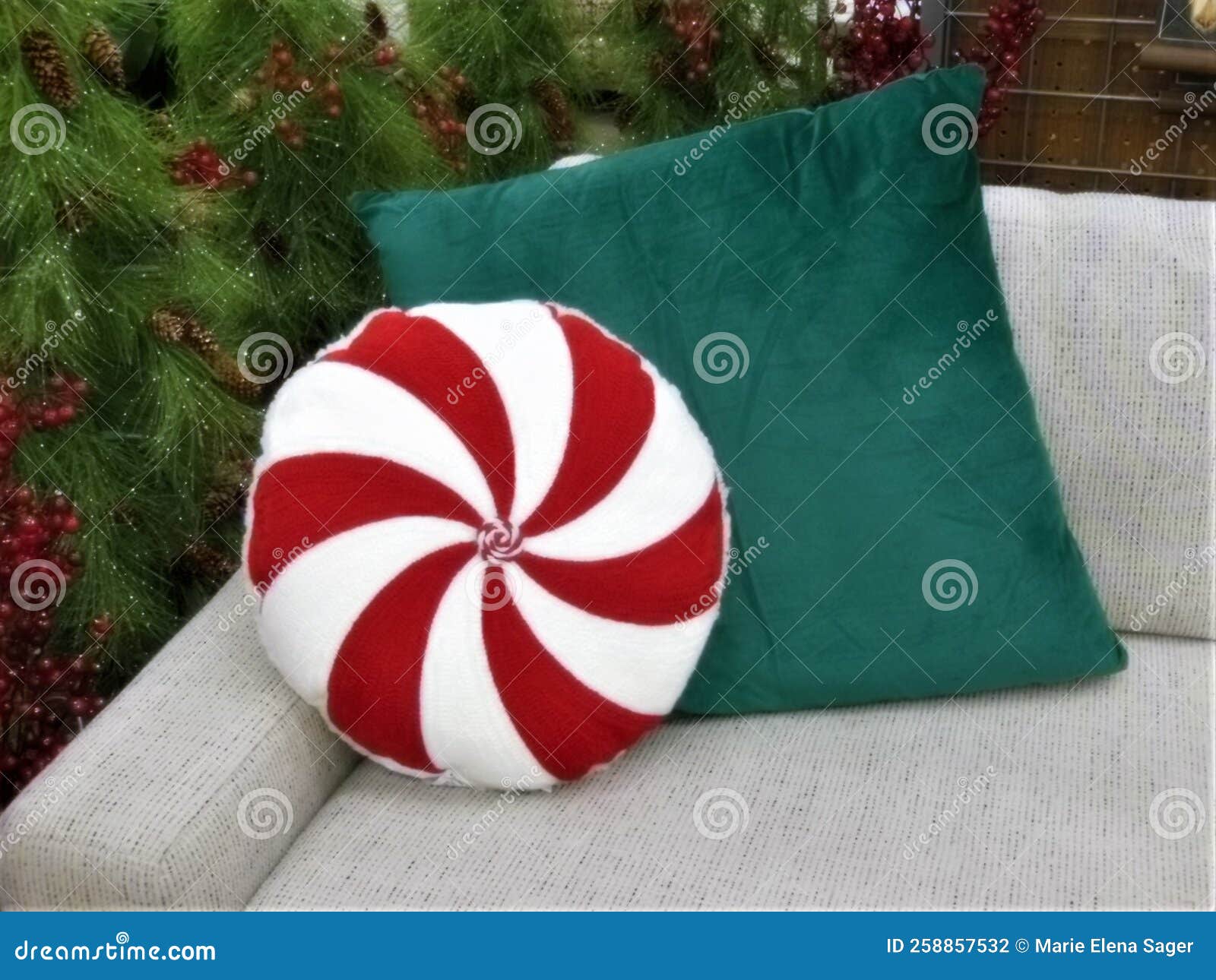 Peppermint Pattern and Green Pillow on Couch Stock Photo - Image of ...