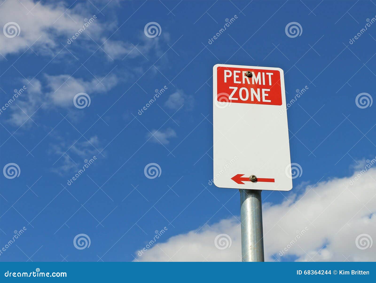 Red and White Permit Zone Sign in a Bright Blue Sky Stock Photo - Image ...