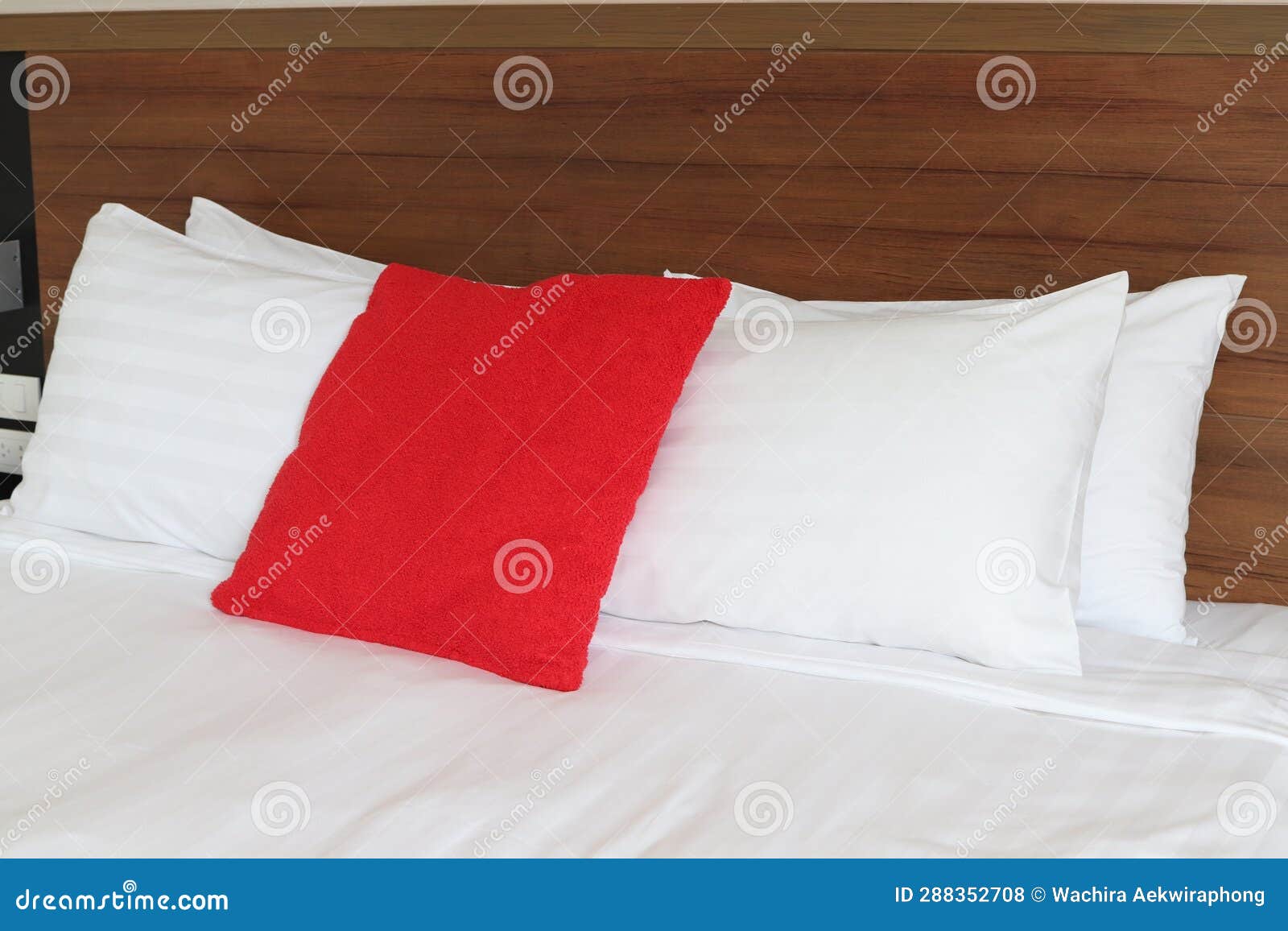 Red and White Pillows Lay on the Bed Stock Photo - Image of horizontal ...