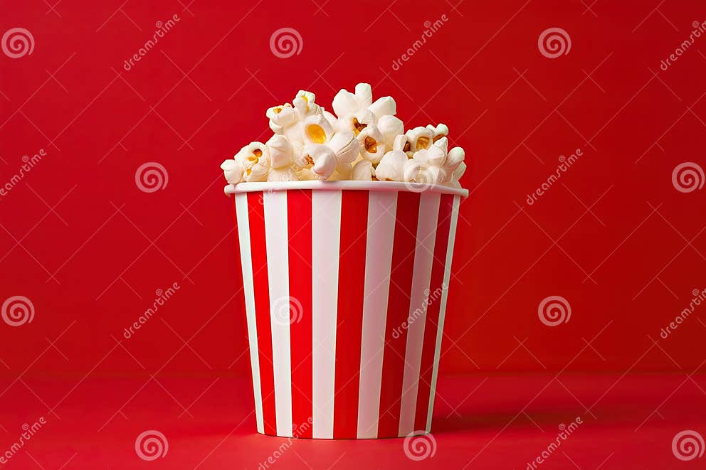 Red and White Popcorn Box on a Red Backdrop. Generative AI Stock Photo ...