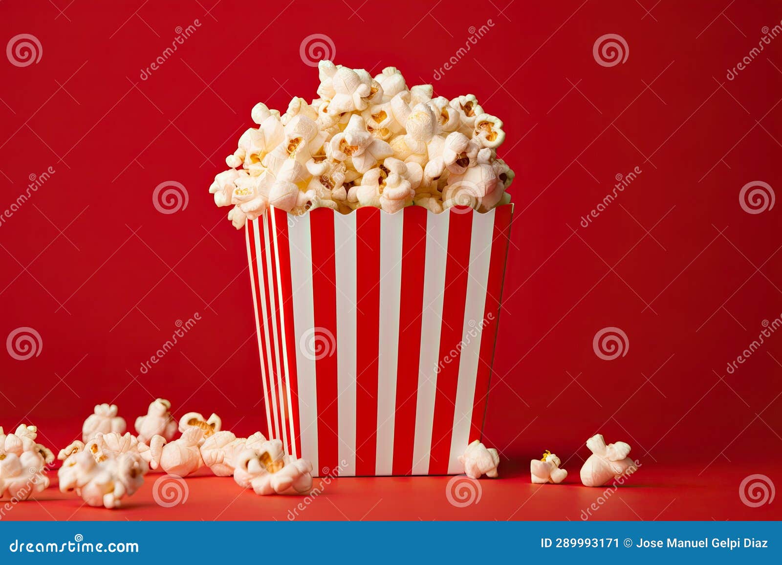 Red and White Popcorn Box on a Red Backdrop. Generative AI Stock Image ...