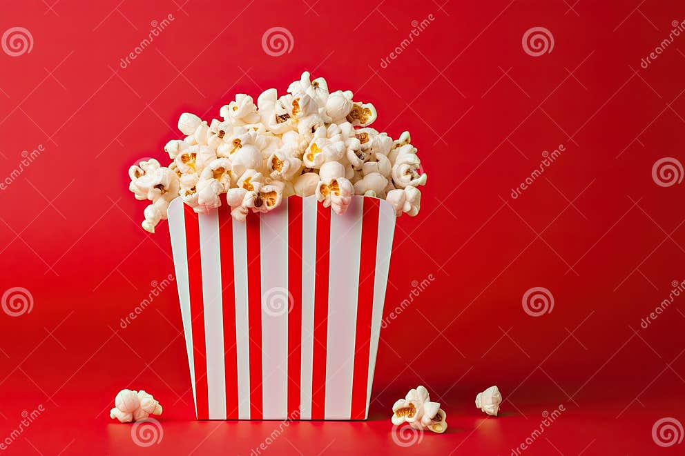 Red and White Popcorn Box on a Red Backdrop. Generative AI Stock Image ...