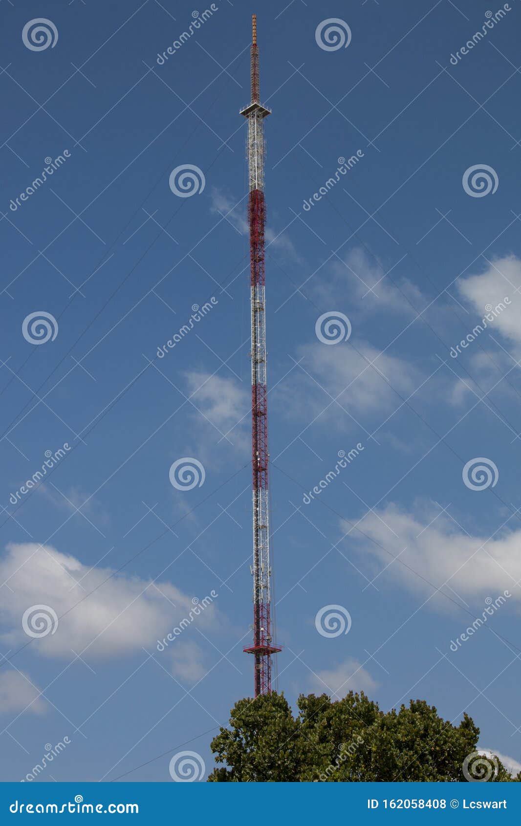 Red and White Radio Tower stock photo. Image of microwave - 162058408