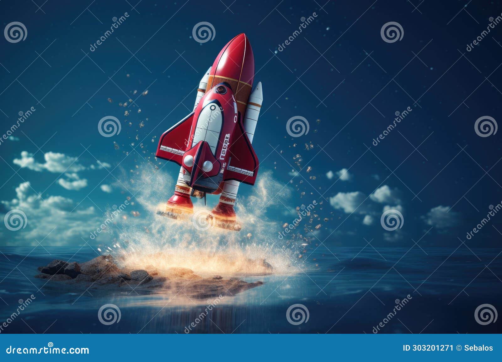 A Red and White Rocket Launches from Water, Creating a Splash, Against ...