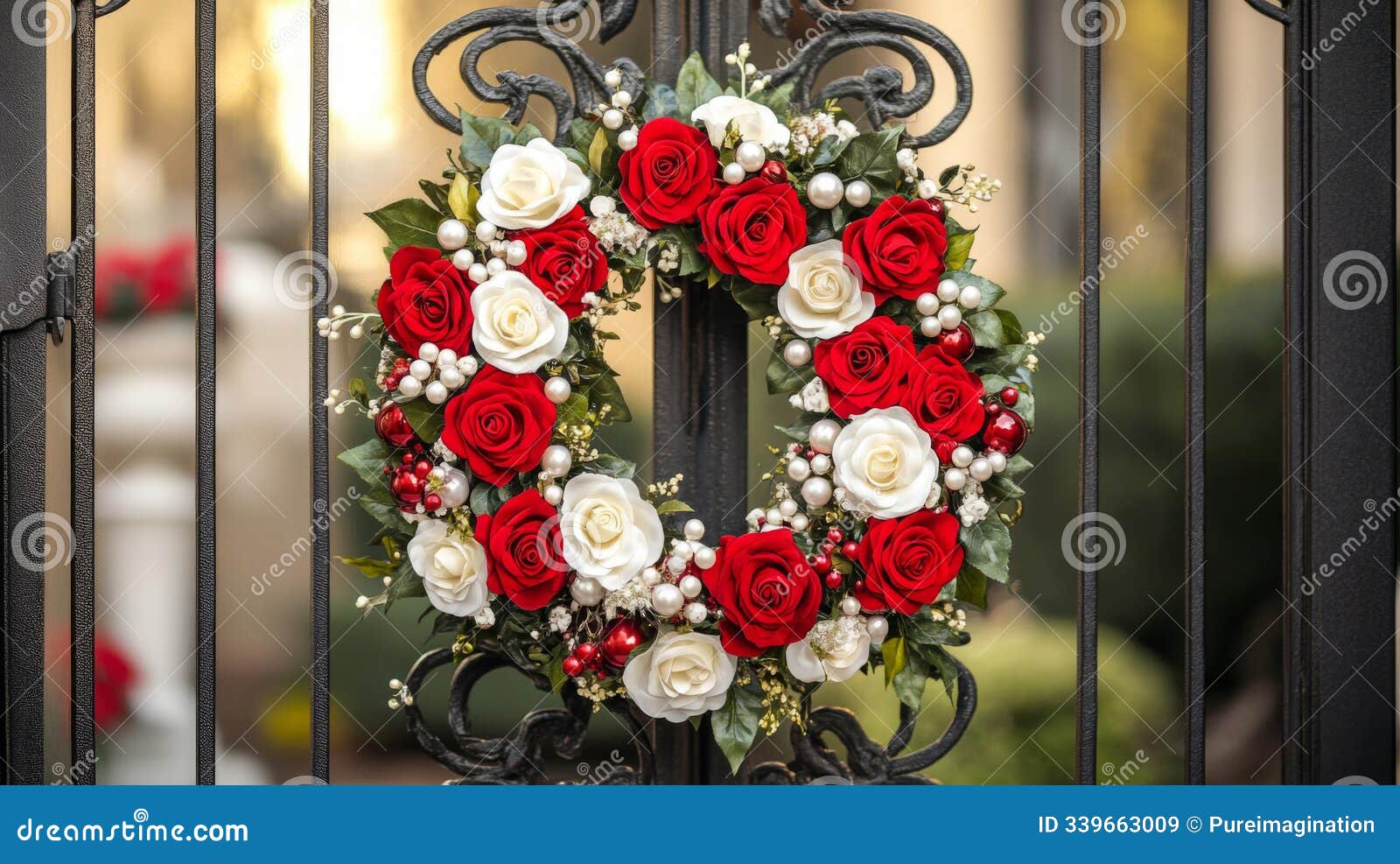 Red and White Rose Wreath Hanging on a Black Gate Stock Illustration ...